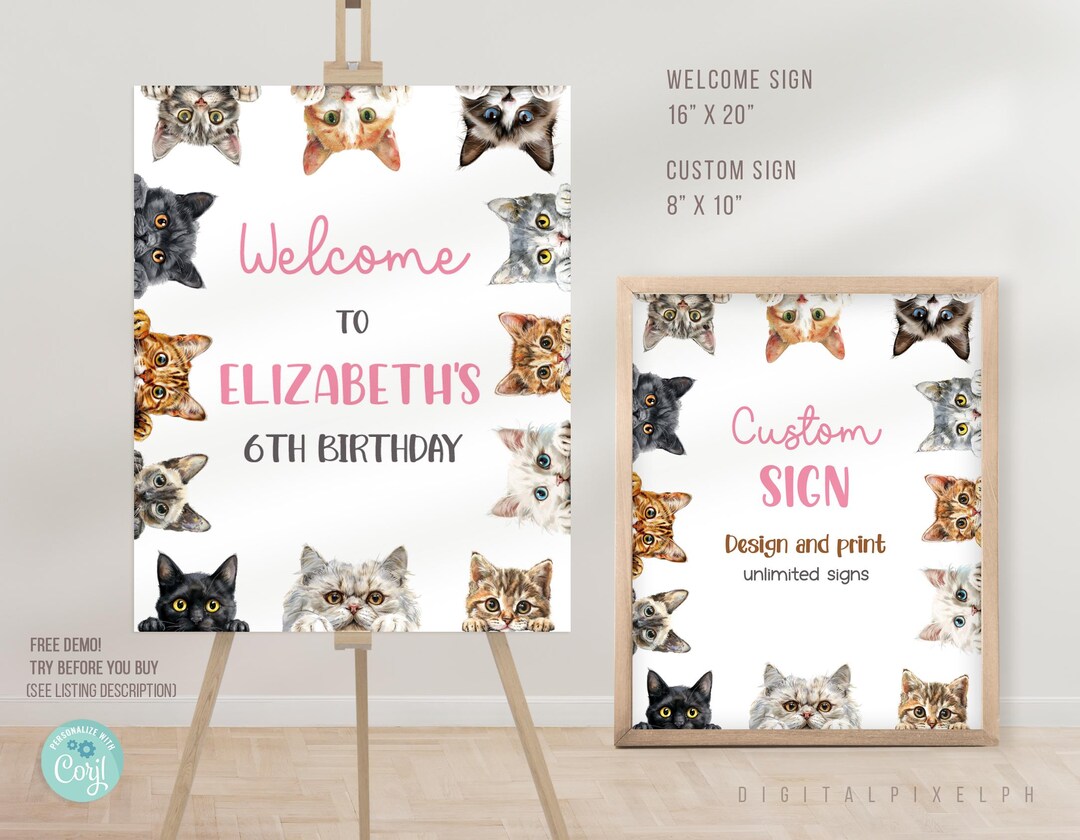 Editable Cat Face Welcome Sign Template, Cat Face Custom Sign Template ...