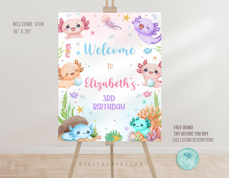 Editable Axolotl Birthday Welcome Sign Template (digital Download) - Etsy