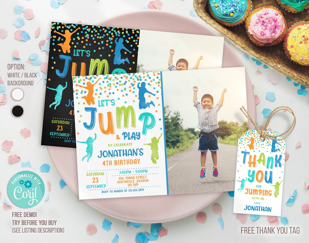 Jump Birthday Party Invitation Template With Photo, Birthday Party ...