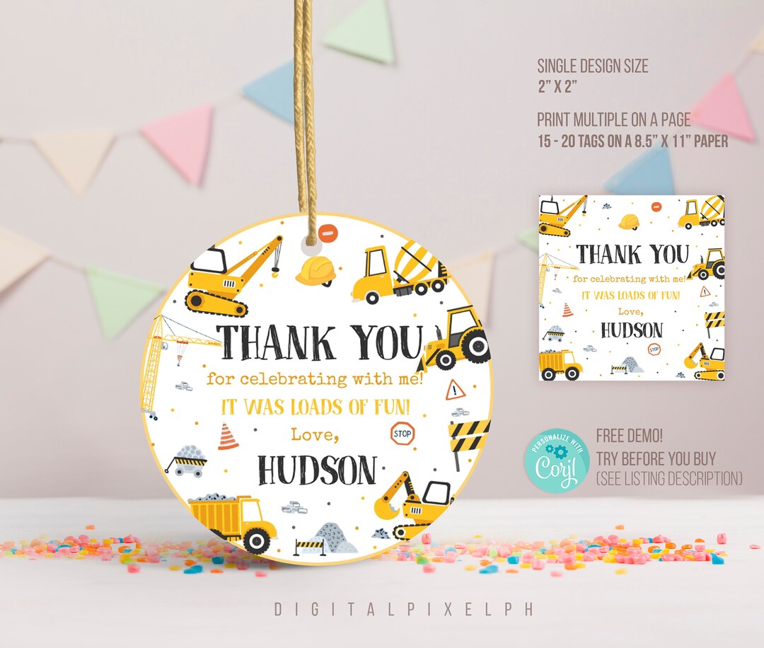 Editable Construction Round Thank You Tags, Construction Sticker ...
