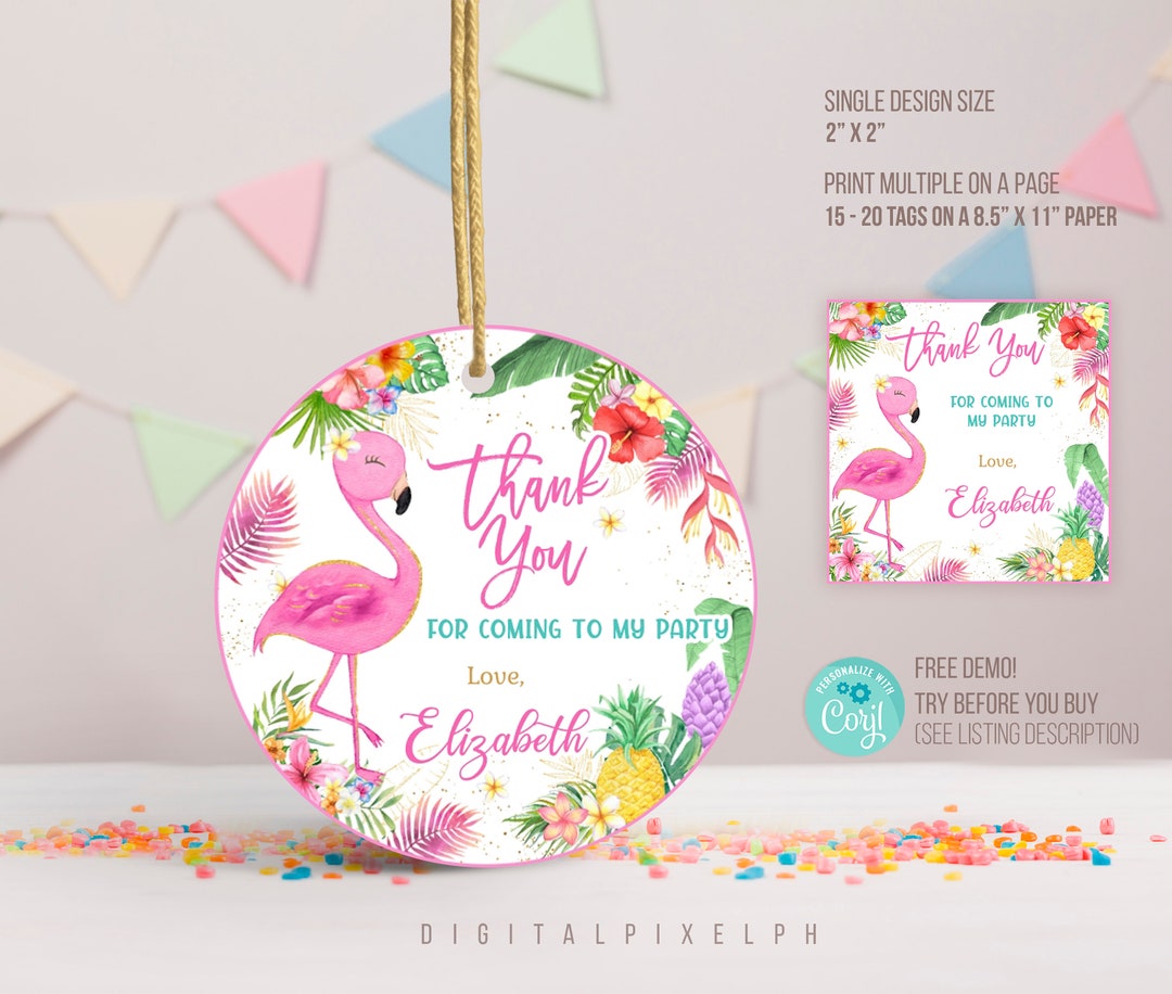 Editable Flamingo Round Thank You Tags, Flamingo Sticker, Flamingo ...