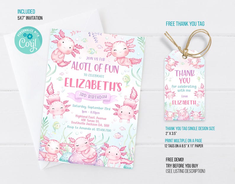 Editable Axolotl Birthday Invitation Template, Axolotl Birthday ...