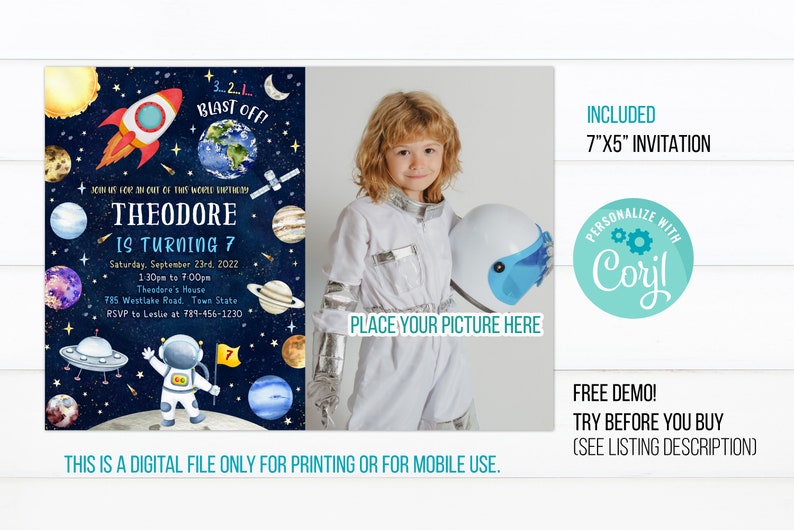 Outer Space Birthday Invitation Template With Photo Planets - Etsy
