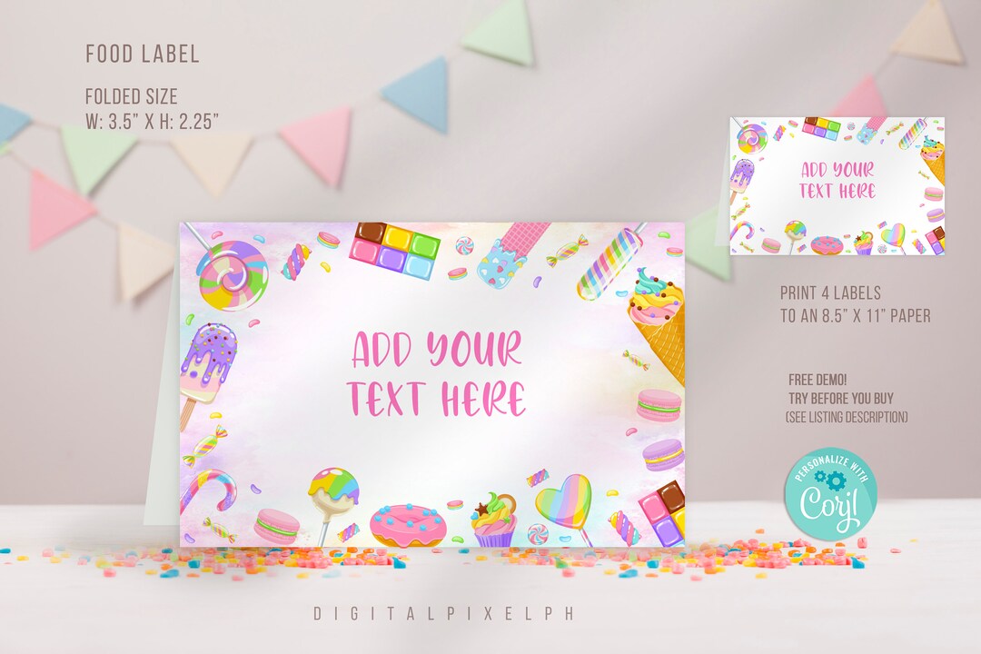 Editable Sweets Candy Food Label, Sweets Birthday Party Food Tent Cards ...