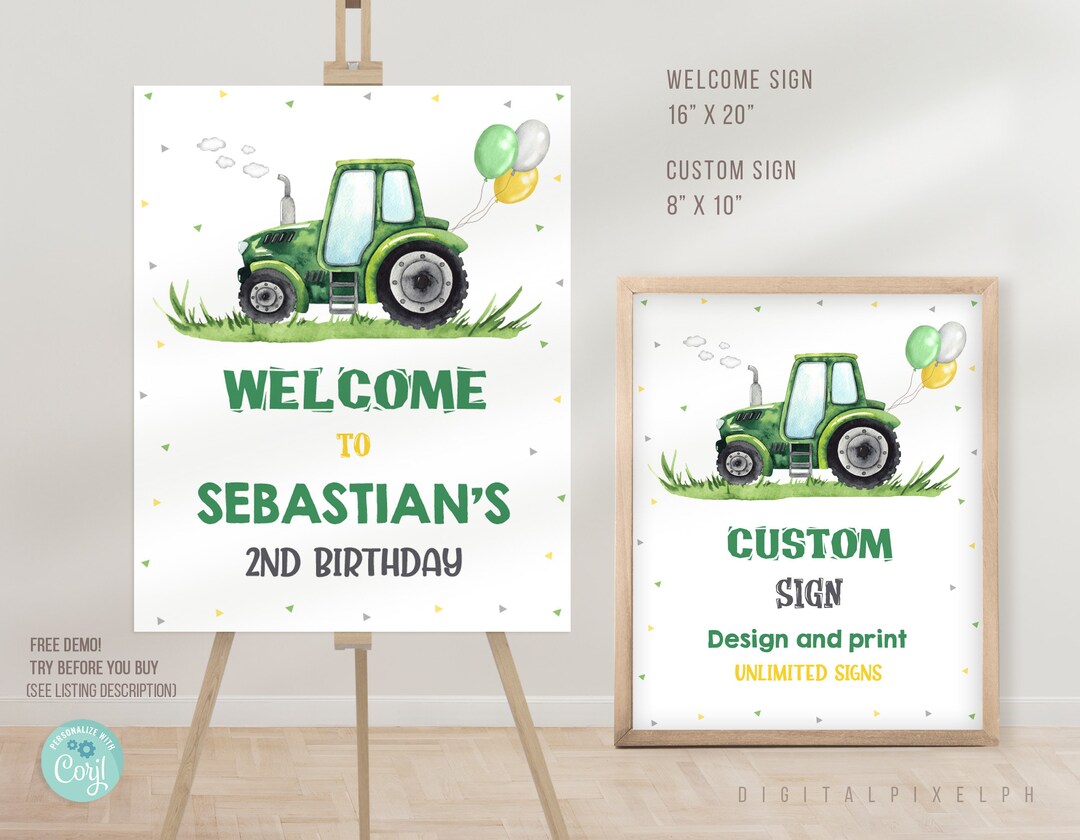 Editable Green Tractor Welcome Sign Template, Green Tractor Custom Sign ...