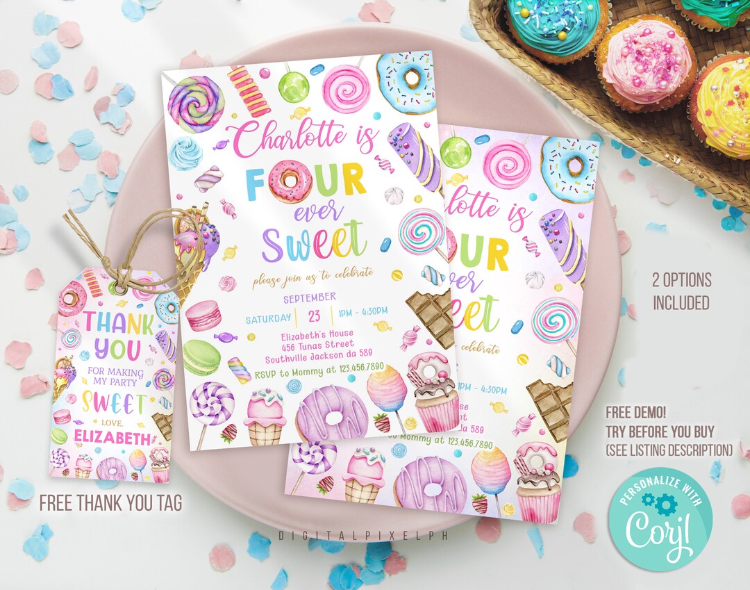 Editable Sweets Candy Invitation, Sweet Candy Birthday Invitation ...