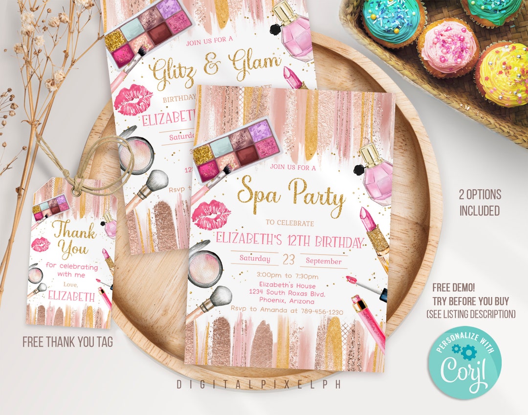 Editable Glitz and Glam Birthday Invitation Template, Spa Party ...