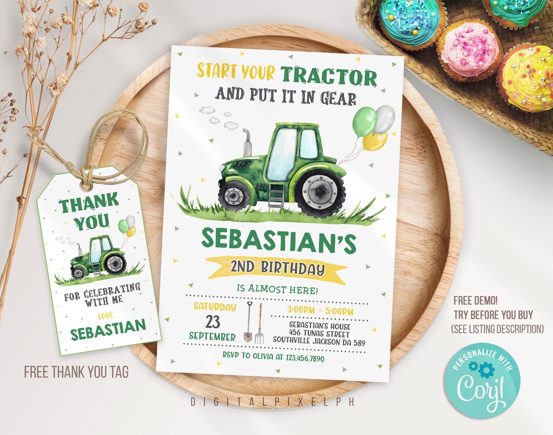 Editable Tractor Invitation, Green Tractor Birthday Invitation, Green ...