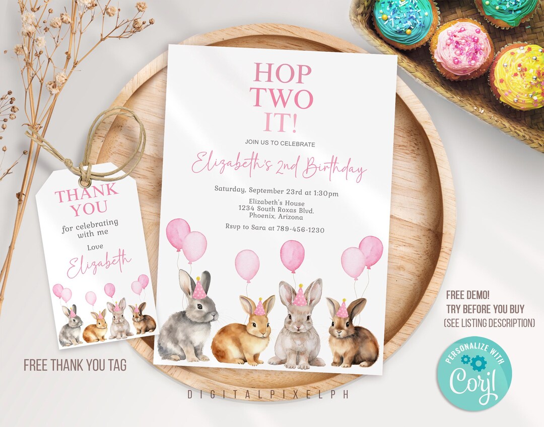 Editable Pink Bunny Birthday Invitation Template, Bunny Birthday ...