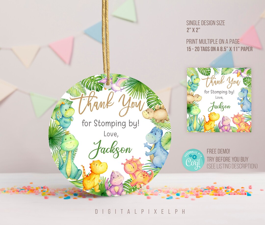 Editable Dinosaur Round Thank You Tags, Dinosaur Sticker, Dinosaur ...