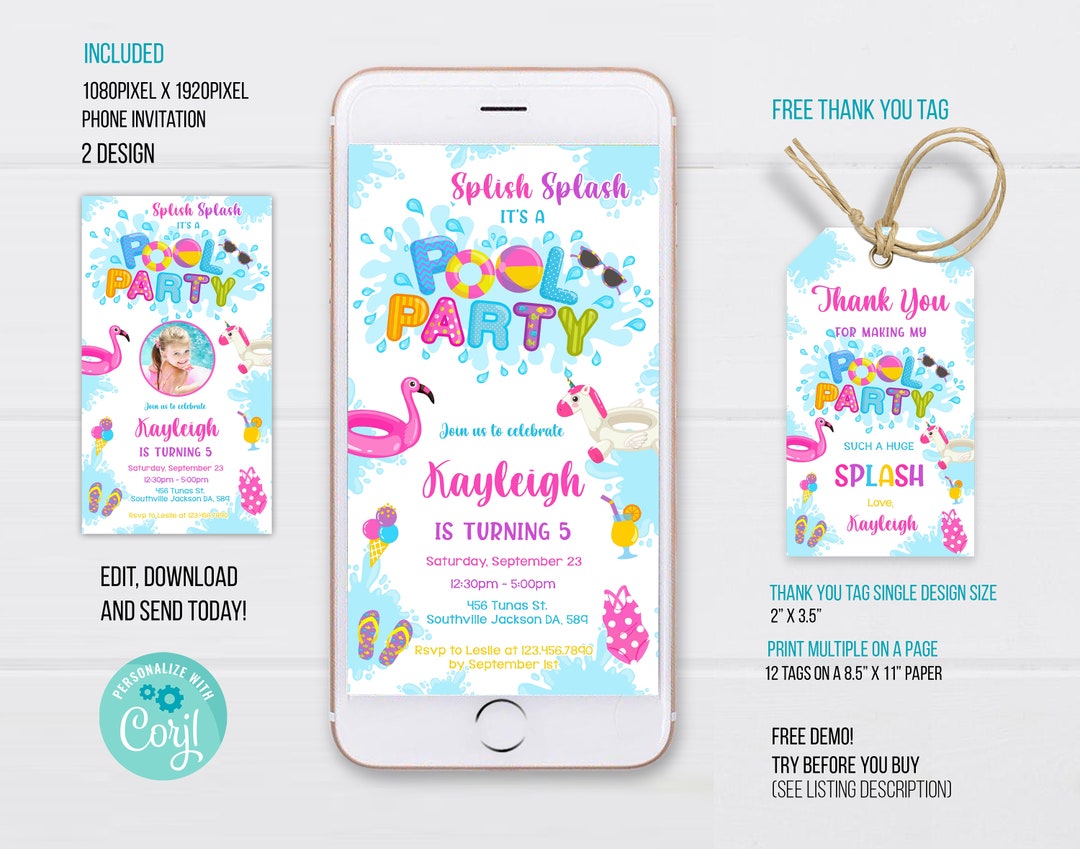 Pool Party Phone Birthday Invitation Template, Pool Party Electronic ...