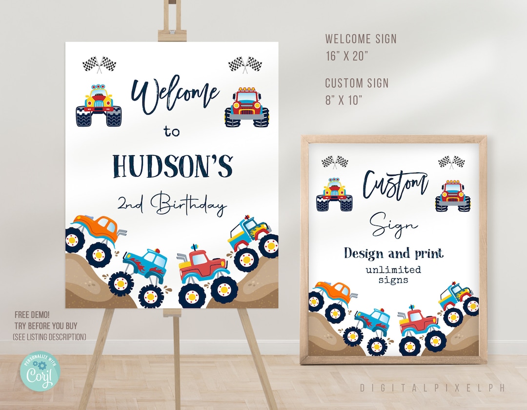 Editable Monster Truck Welcome Sign Template, Monster Truck Custom Sign ...