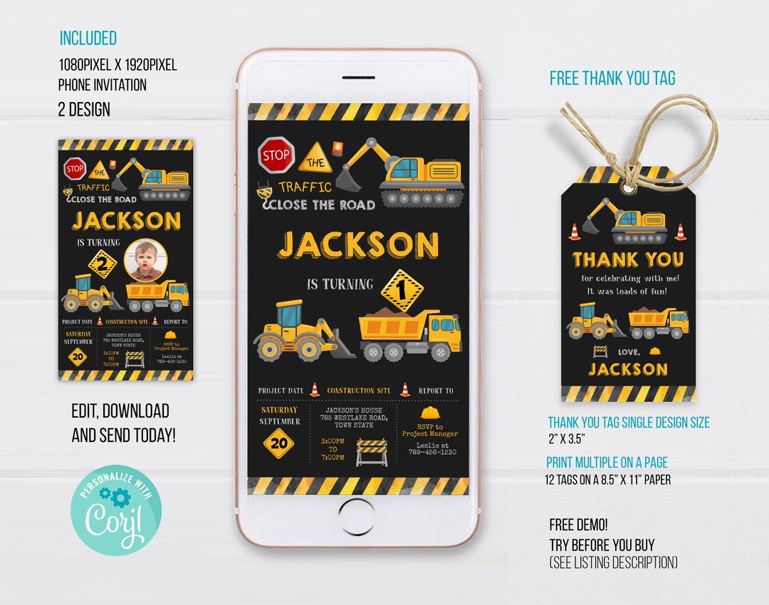 Construction Phone Birthday Invitation Template, Construction ...