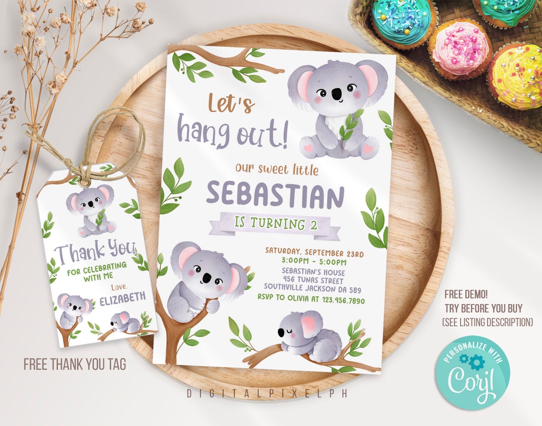 Editable Koala Birthday Invitation, Koala Birthday Invitation, Koala ...