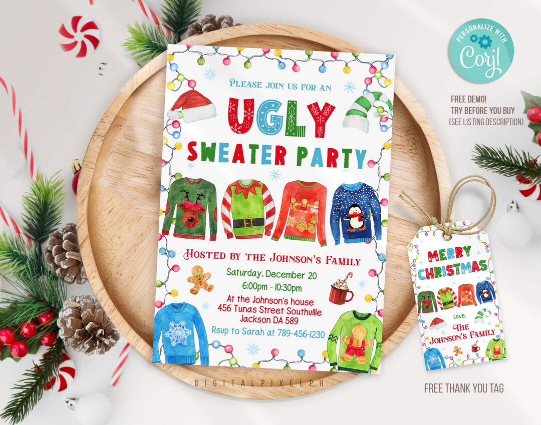 Editable Ugly Sweater Christmas Party Invitation, Christmas Party ...