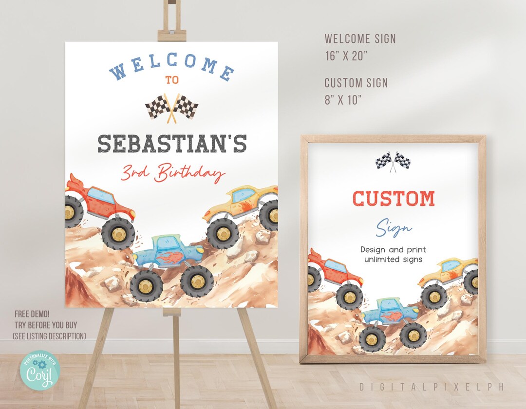 Editable Monster Truck Welcome Sign Template, Monster Truck Custom Sign ...