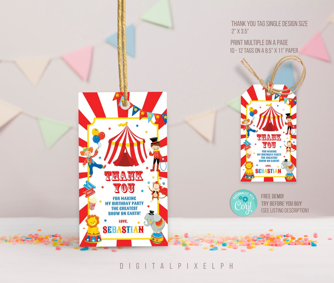 Editable Carnival Thank You Tags, Carnival Favor Tags, Circus Thank You ...