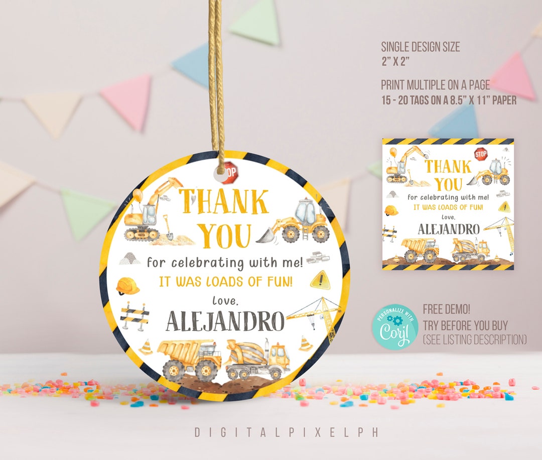 Editable Construction Round Thank You Tags Construction - Etsy