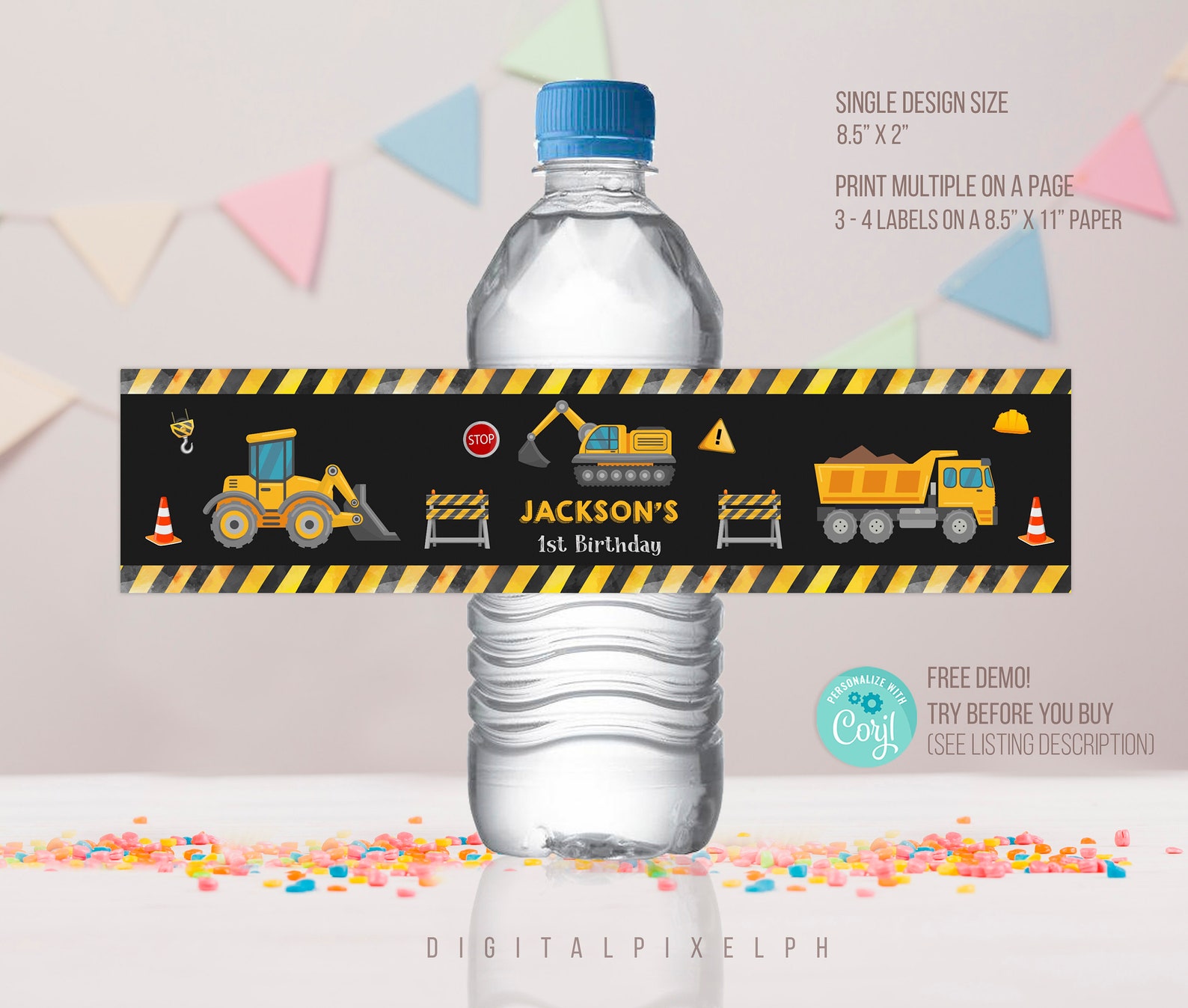 Editable Construction Birthday Water Bottle Label, Construction Label ...