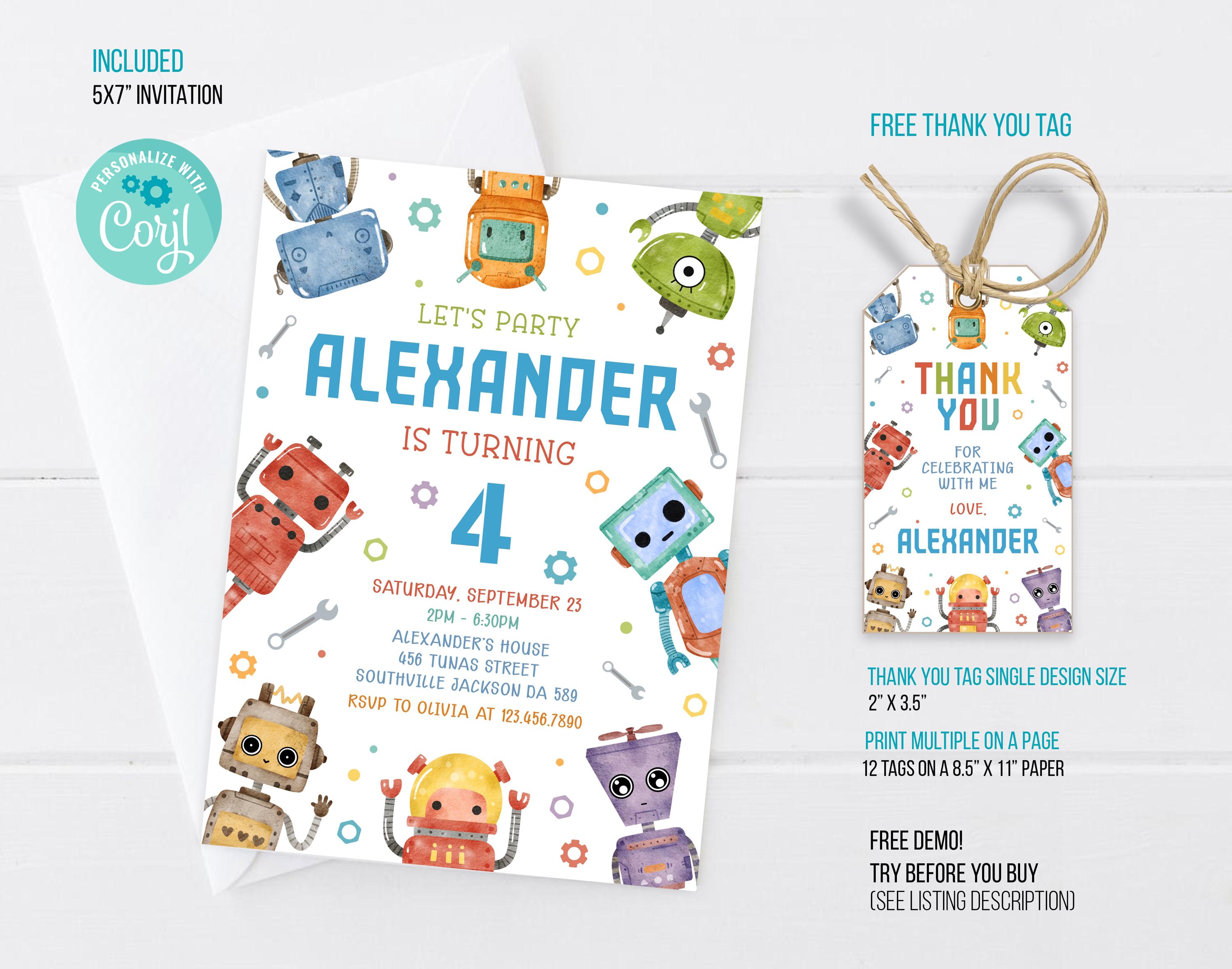 Editable Robot Birthday Invitation Template, Robot Birthday Invitation ...