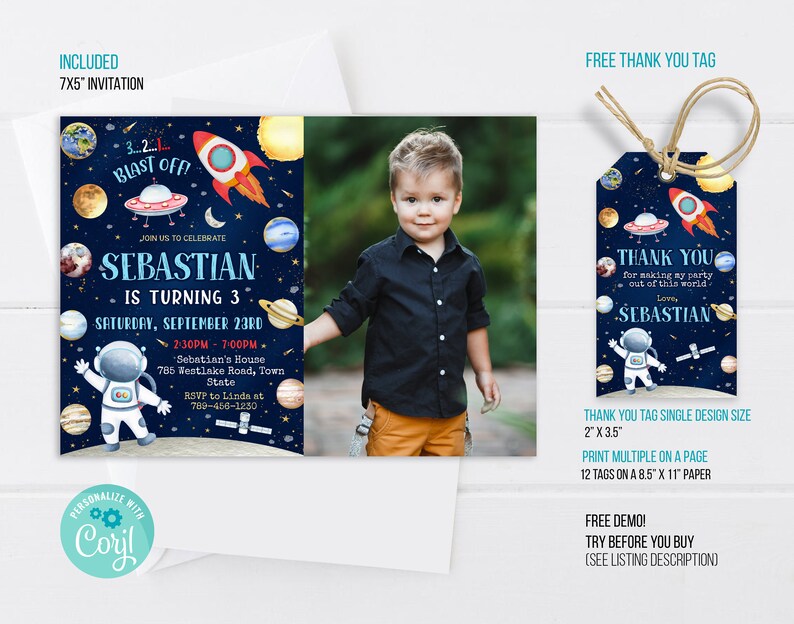 Outer Space Birthday Invitation Template With Photo Planets - Etsy
