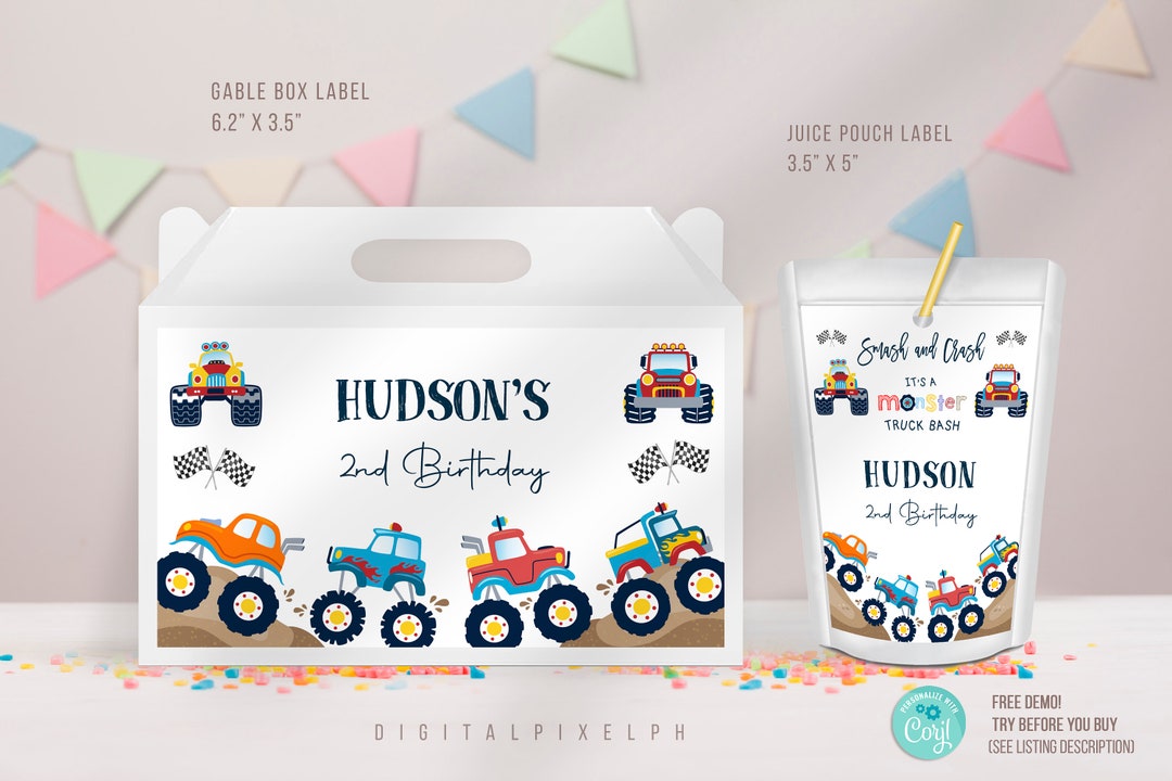 Editable Monster Truck Capri Sun Labels, Monster Truck Juice Labels ...