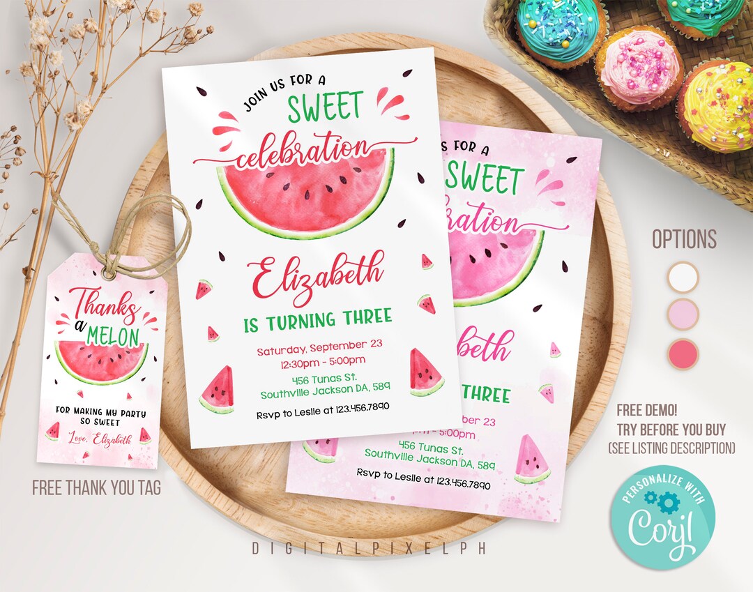 Watermelon Birthday Invitation, Watermelon Birthday Invite, Watermelon ...