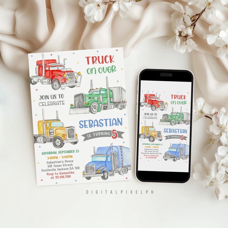 Truck Birthday Invitation Template, Editable Semi-truck Design (digital ...