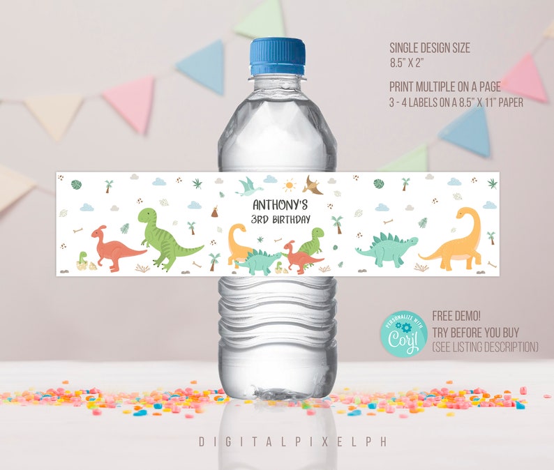 Editable Dinosaur Water Bottle Label Dinosaur Label Dinosaur - Etsy