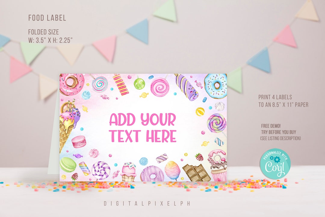 Editable Sweets Candy Food Label, Sweets Birthday Party Food Tent Cards ...