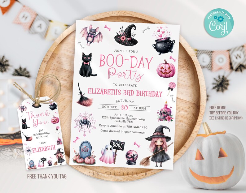 Editable Halloween Birthday Party Invitation, Thank You Tags (digital ...