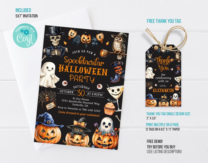 Editable Spooktacular Halloween Party Invitation, Thank You Tags ...