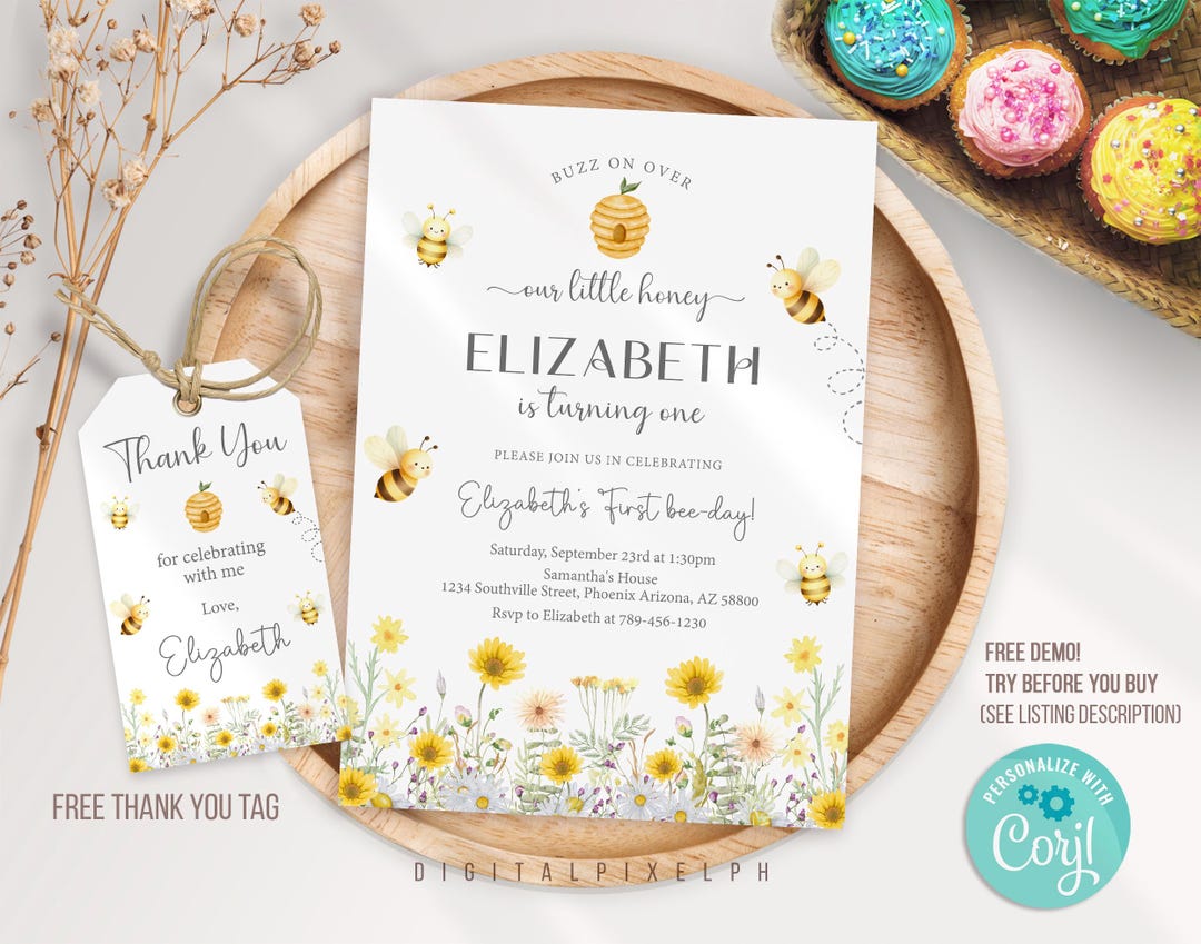 Editable Honey Bee Birthday Invitation Template, Bee Birthday ...
