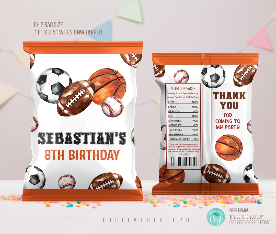 Sports Birthday Chip Bag Wrapper, Editable Template (digital Download ...