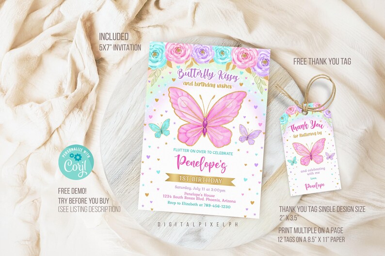 Butterfly Birthday Invitation Template, Editable Party Theme (digital ...