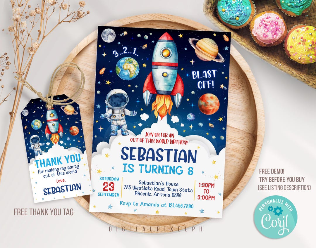 Editable Outer Space Birthday Invitation Template, Planets Rocket Ship ...