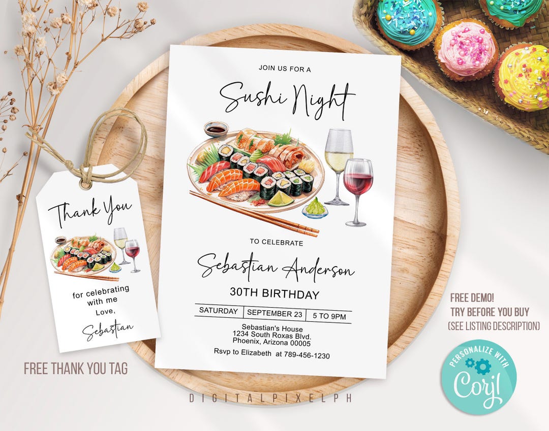 Editable Sushi Night Birthday Invitation Template, Sushi Birthday ...