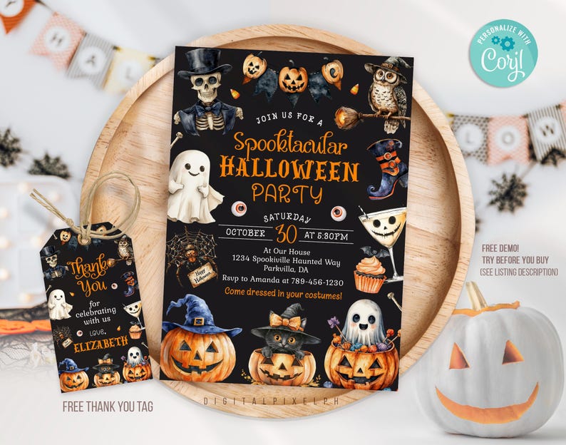 Editable Spooktacular Halloween Party Invitation, Thank You Tags ...