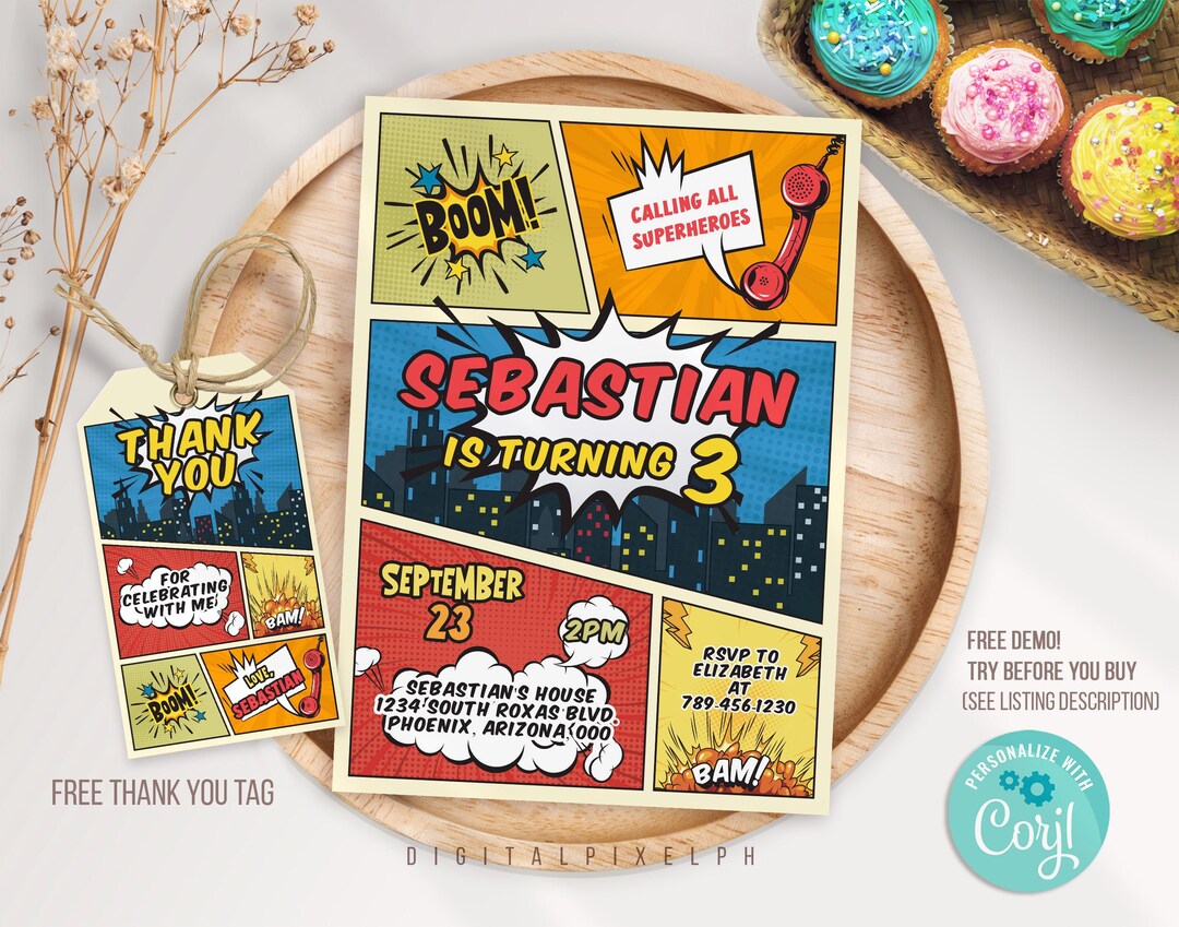 Editable Superhero Birthday Invitation Template, Comic Book Birthday ...