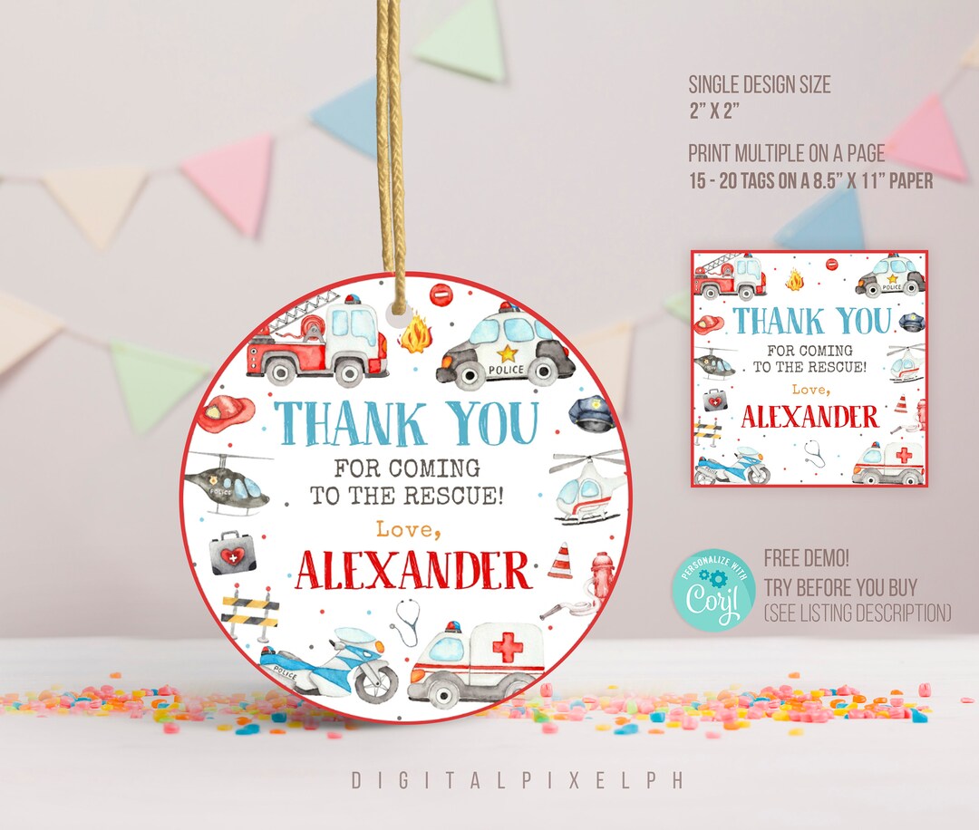 Editable Emergency Vehicles Round Thank You Tags, Emergency Vehicles ...