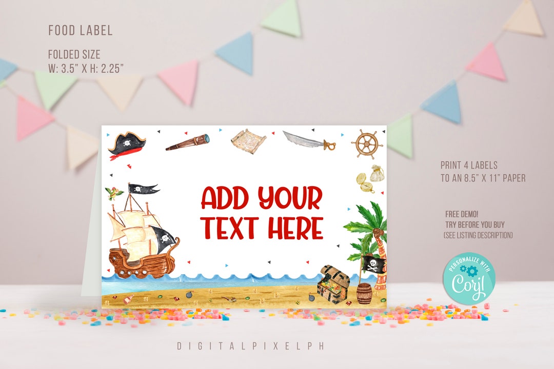 Editable Pirate Food Label, Pirate Birthday Party Food Tent Cards ...