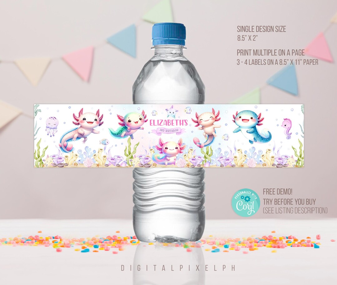Editable Axolotl Water Bottle Label Template, Axolotl Label, Under the ...