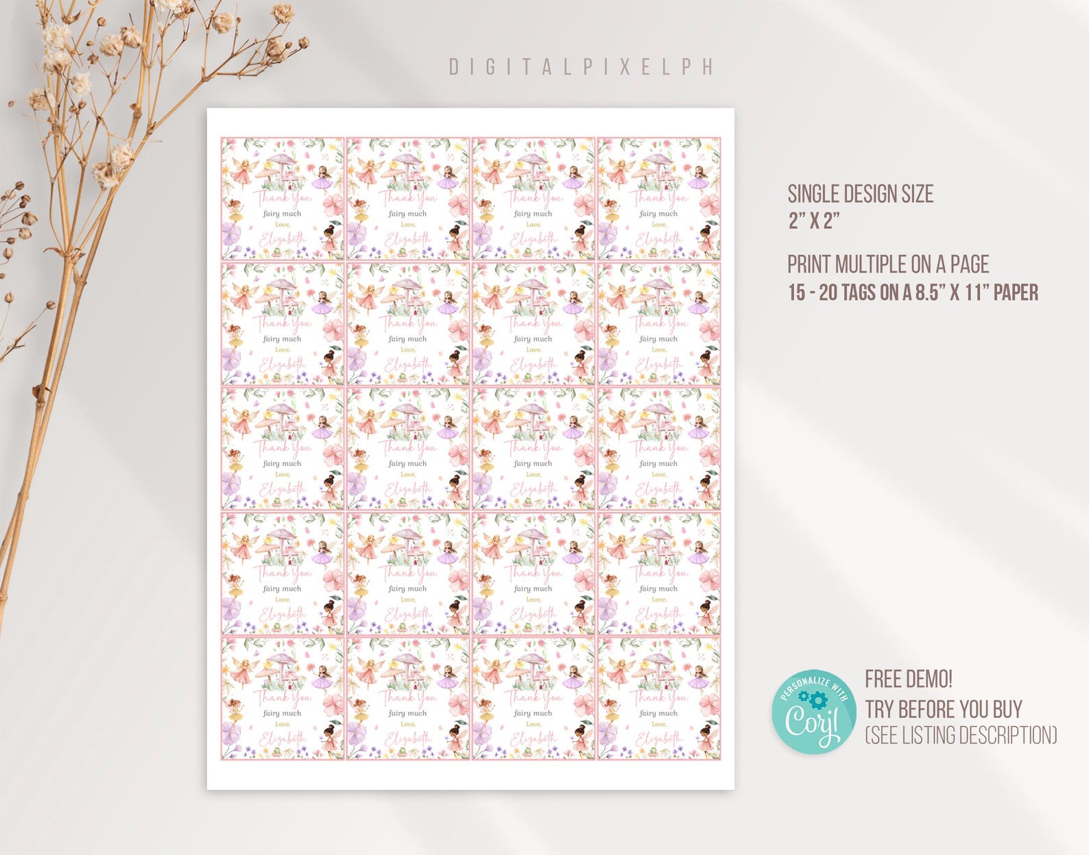 Editable Fairy Round Thank You Tags, Fairy Sticker, Fairy Square Thank ...
