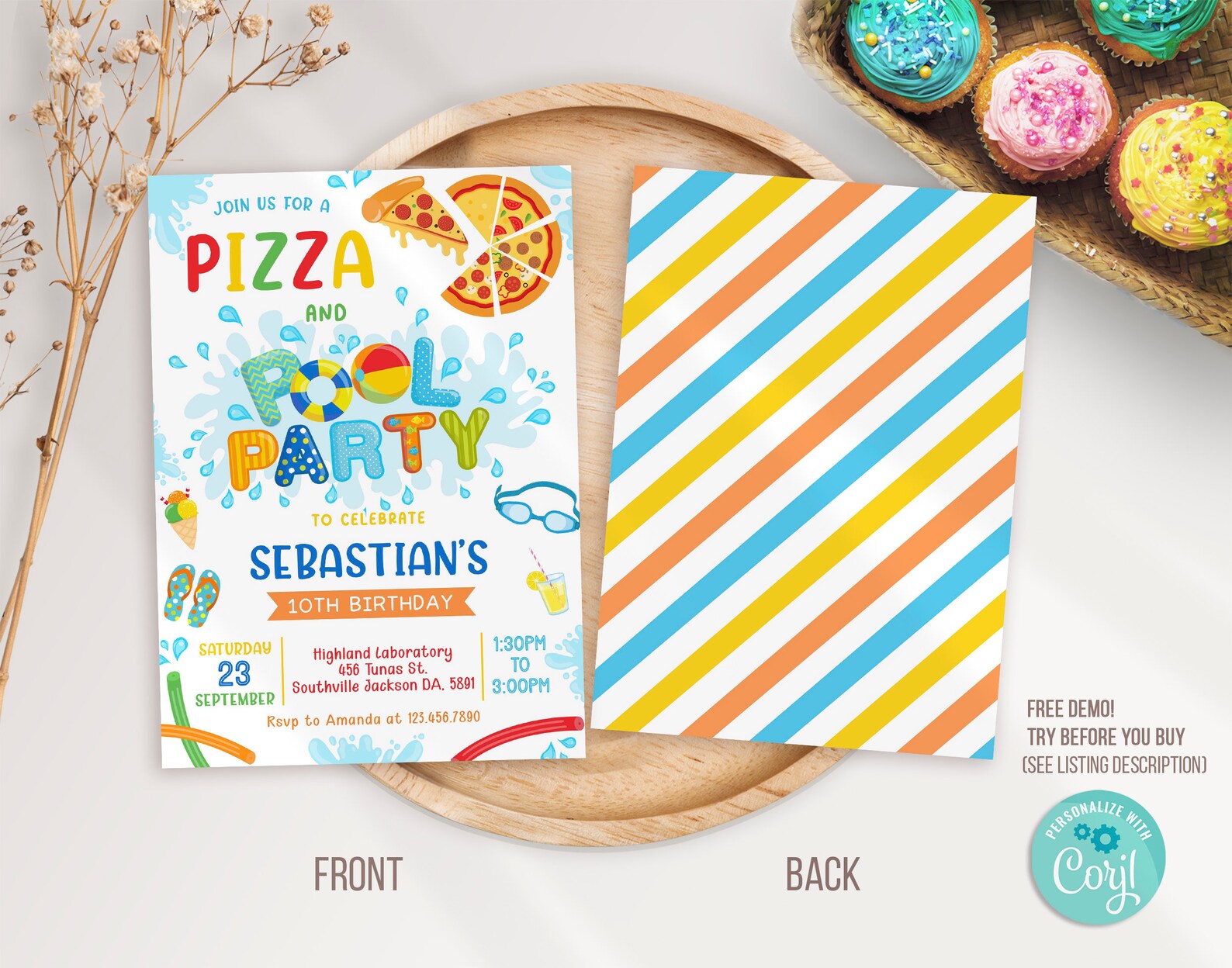 Editable Pizza Pool Party Birthday Invitation Template, Pizza Pool ...
