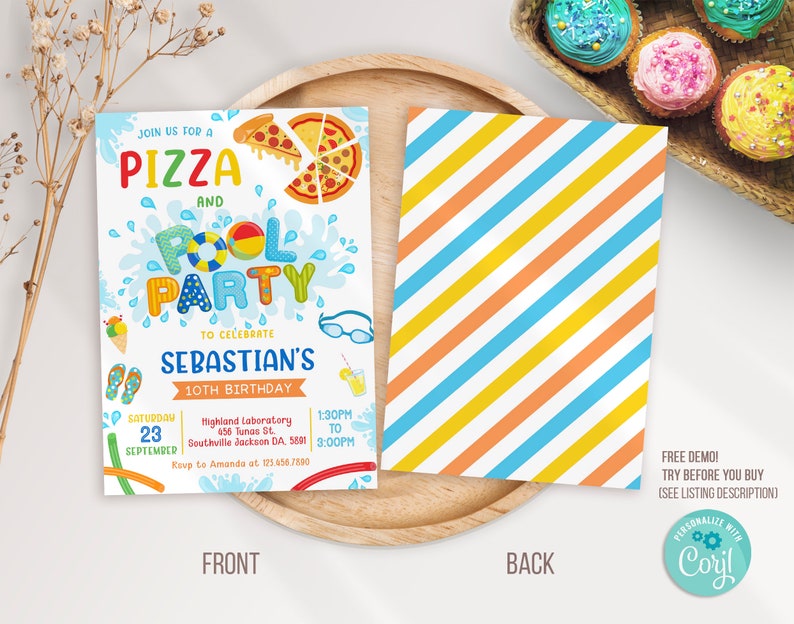 Editable Pizza Pool Party Birthday Invitation Template, Pizza Pool ...