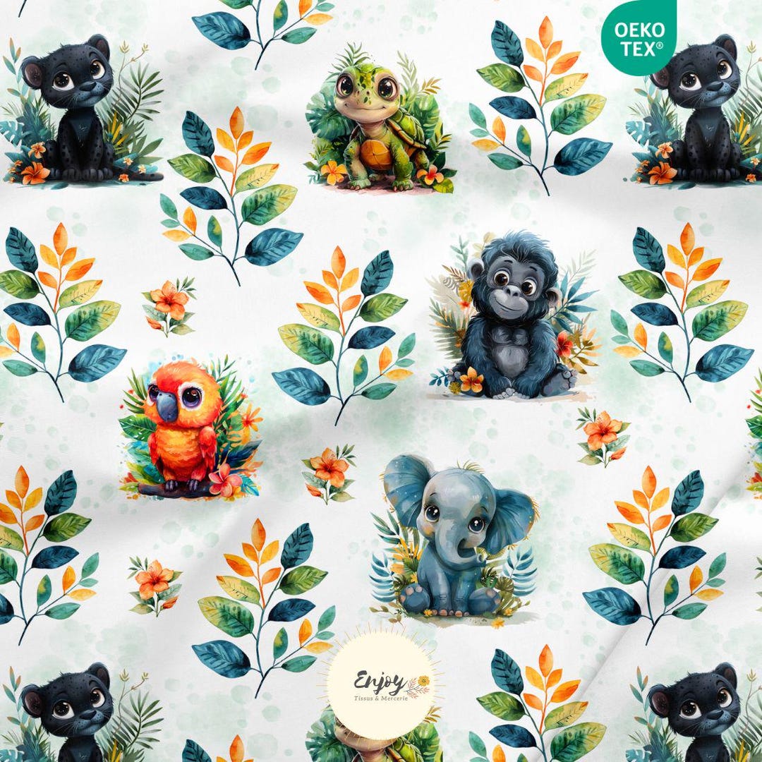 Savanna Jungle Baby Child Fabric by the Meter, Animals Elephant Panther ...