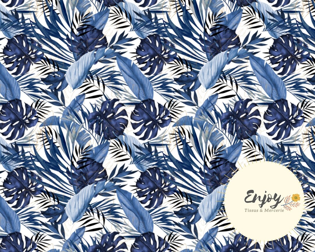 Blue Tropical Savanna Fabric by the Meter, Monstera Jungle Foliage ...