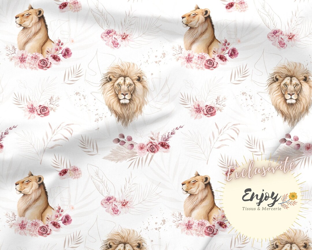 Old Pink Lion Lioness Fabric by the Meter, Baby Savanna Animals Print ...
