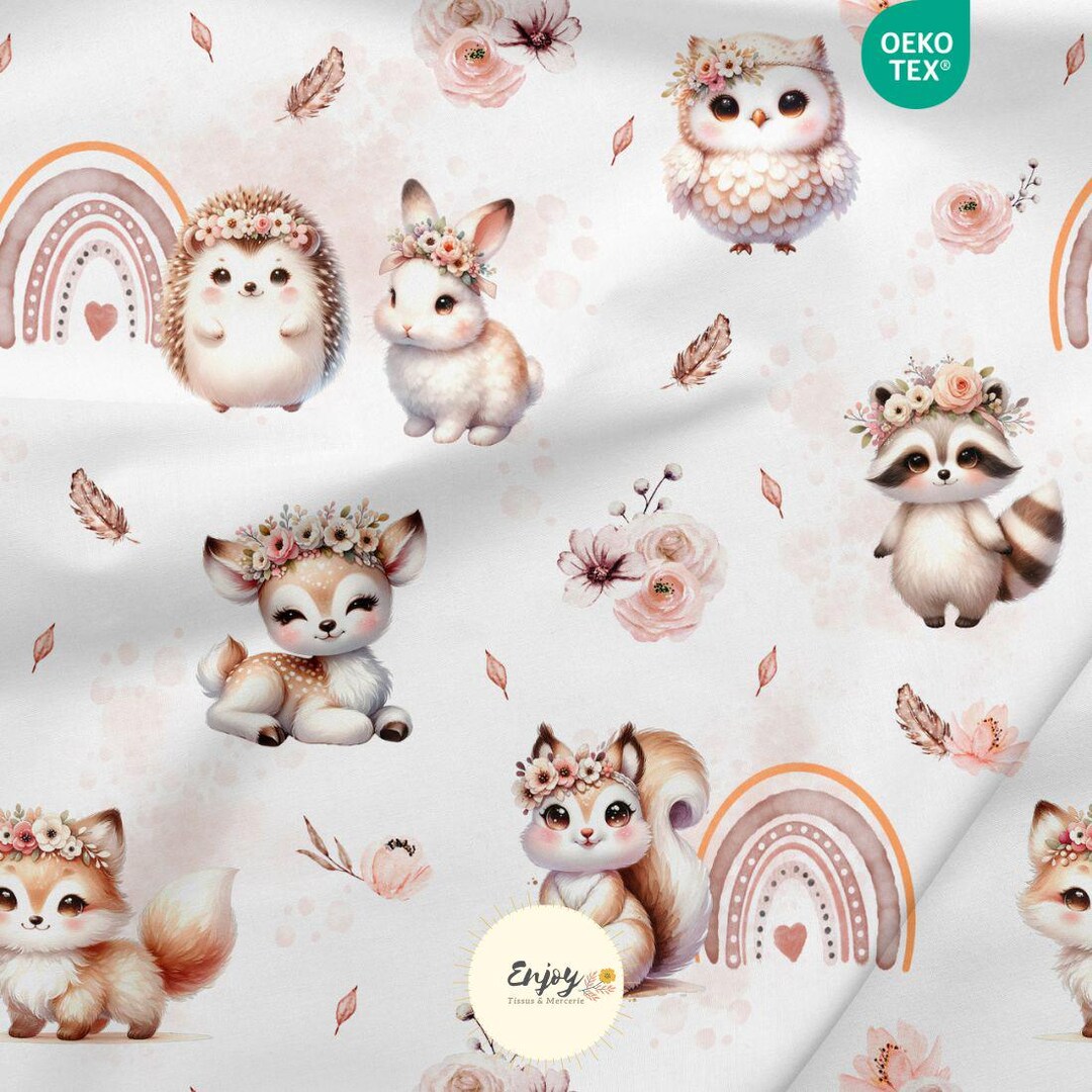 Baby Pink Doe Fabric Boho Forest Animals by the Meter, Boho Rainbow ...