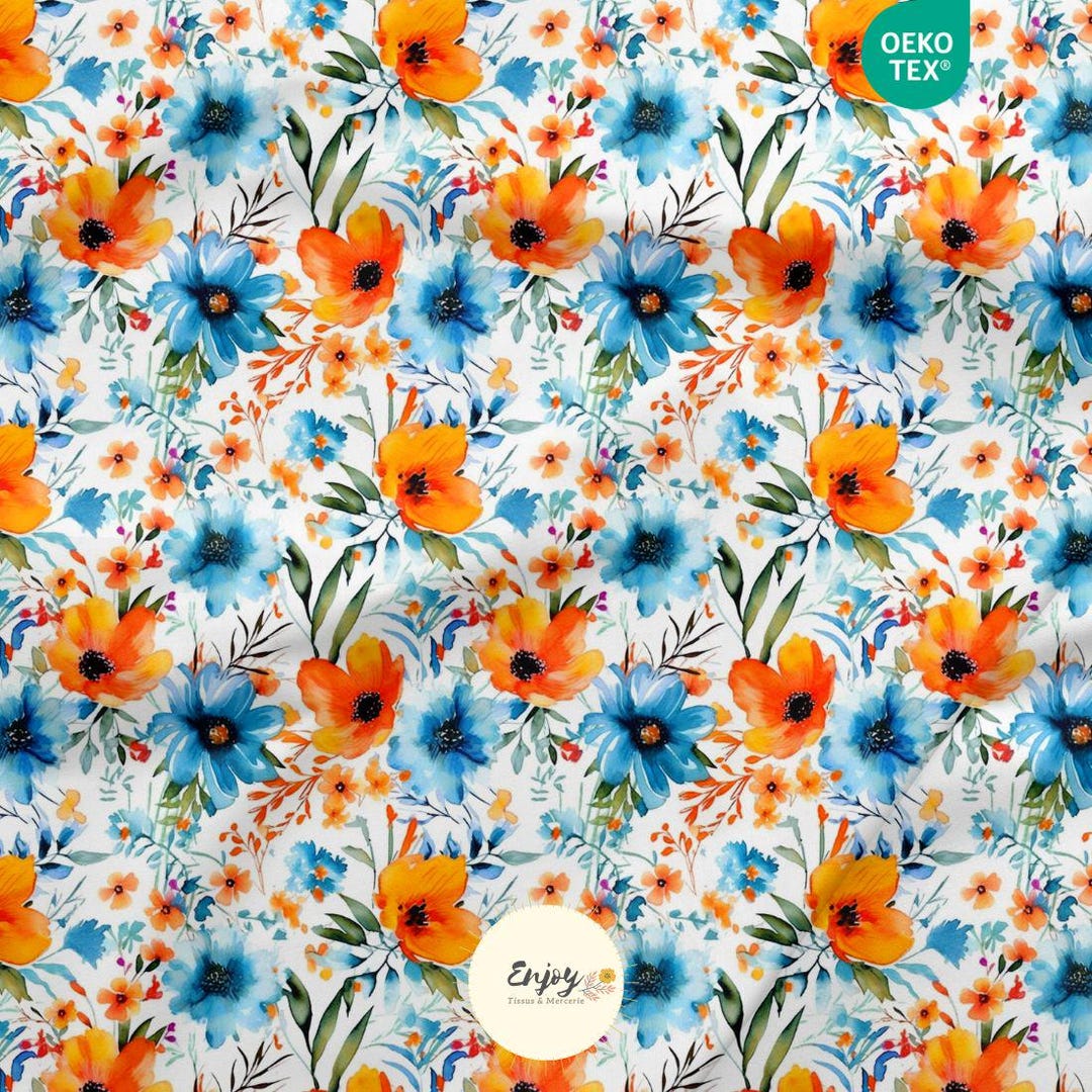 Floral Fabric Seasonal Flower Blue Orange Countryside Foliage by the ...